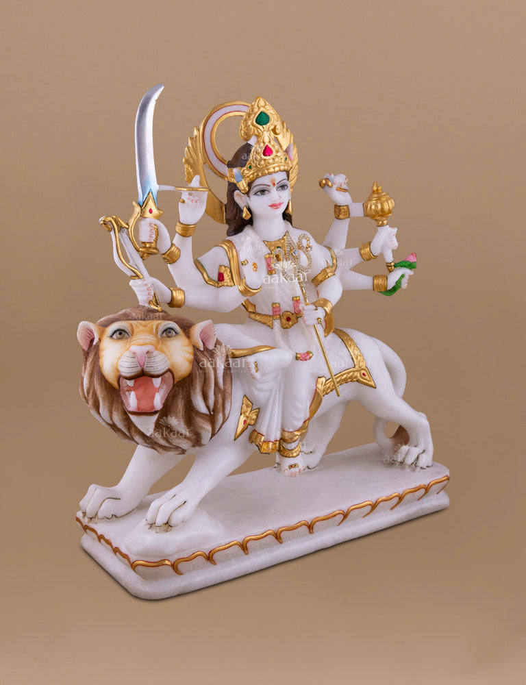 Marble Idol Durga Sitting On Lion 15" – Aakaar - Idols & Temples